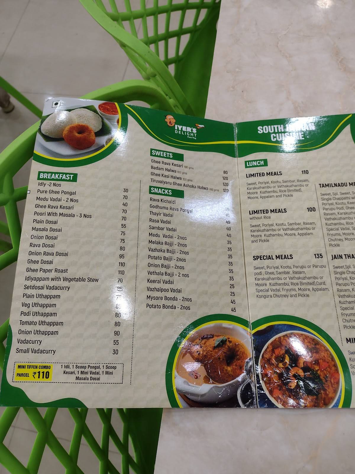 Menu at Iyer's Delight, Chennai, 3-19
