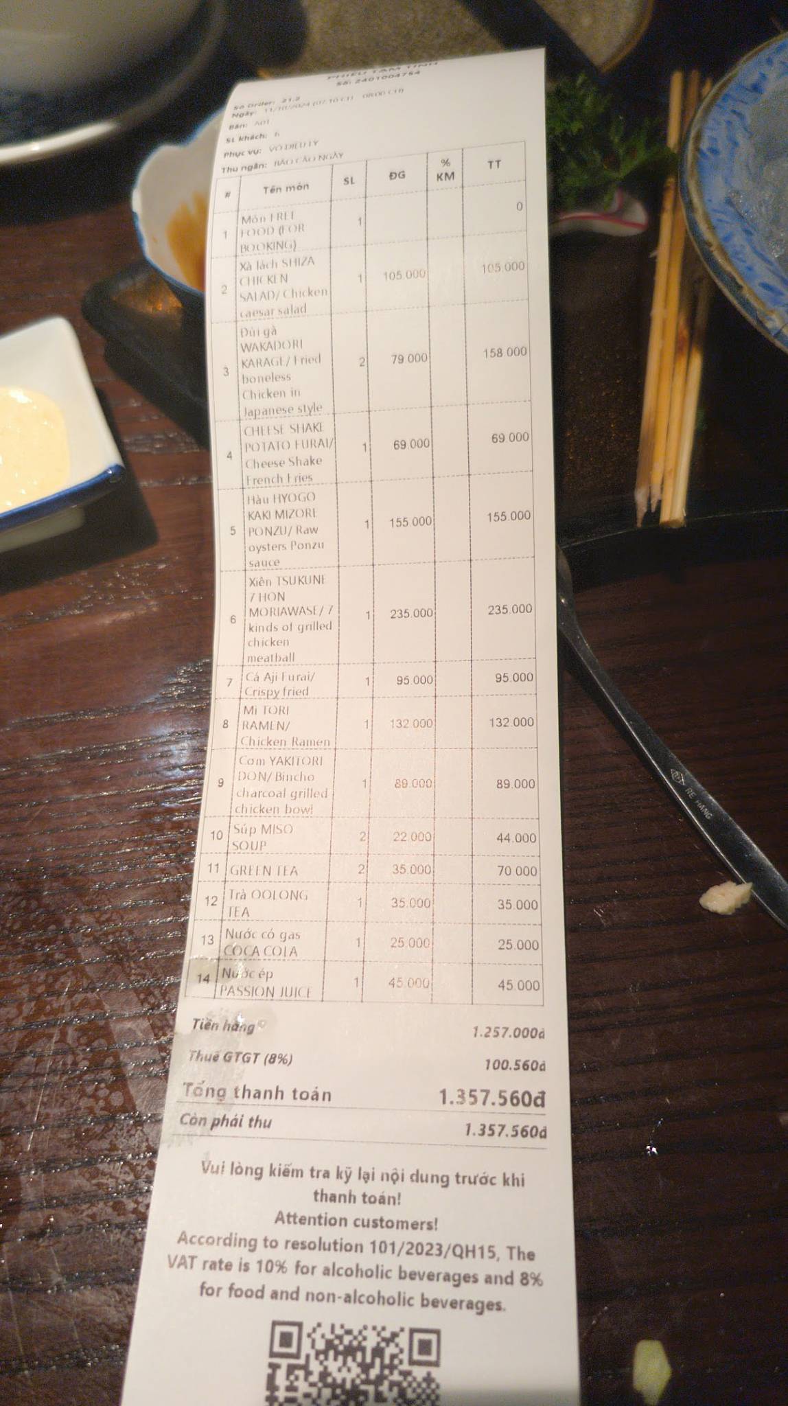 Menu at Izakaya Matsuki Linh Lang restaurant, Hanoi