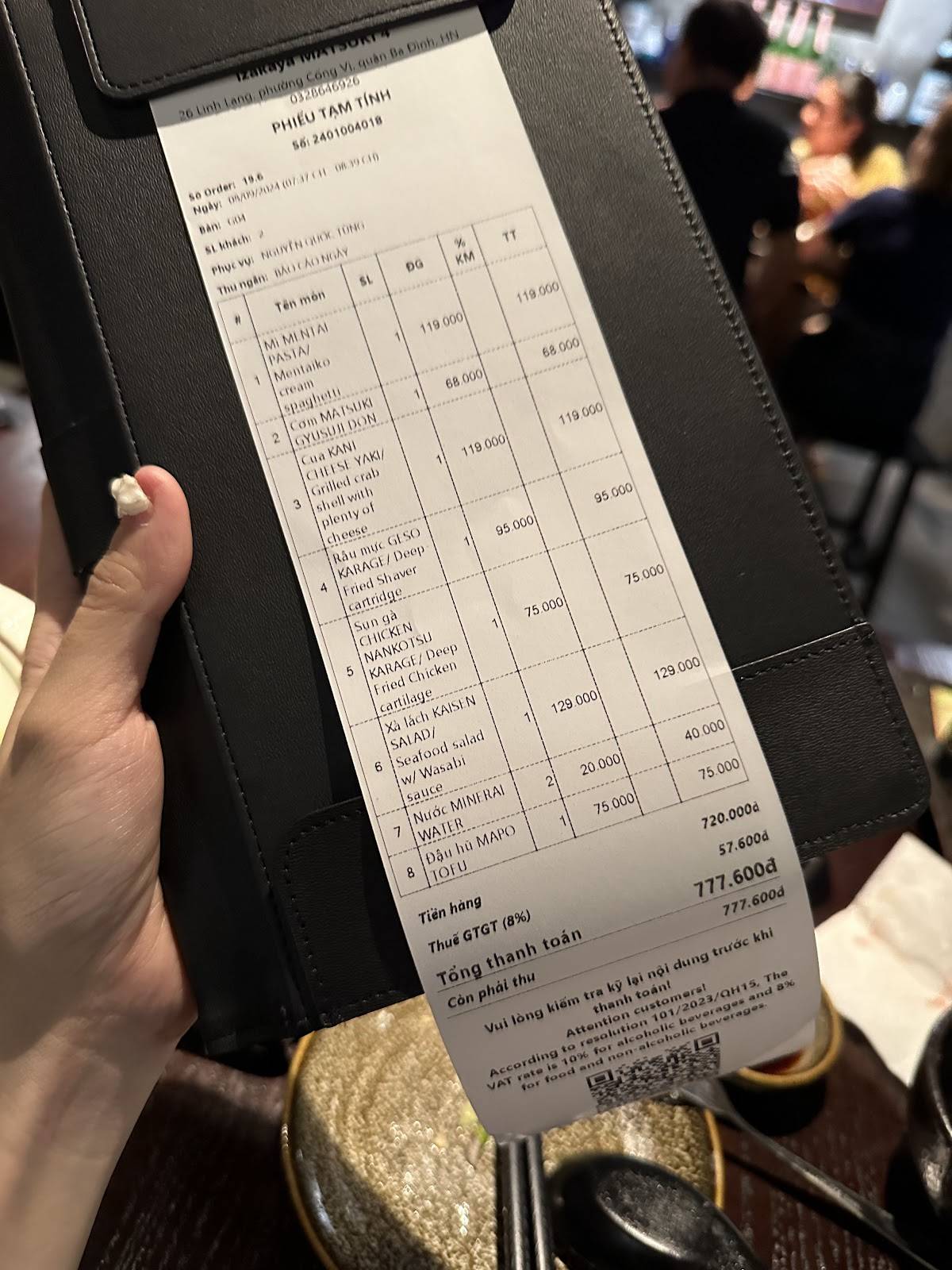 Menu at Izakaya Matsuki Linh Lang restaurant, Hanoi
