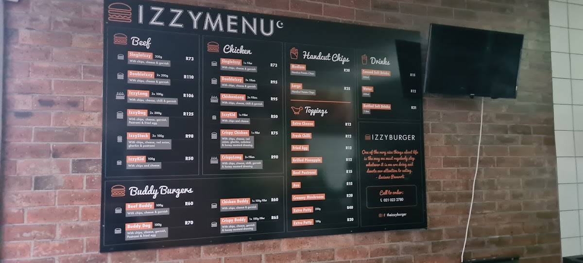 Menu at Izzyburger Woodstock restaurant, Cape Town