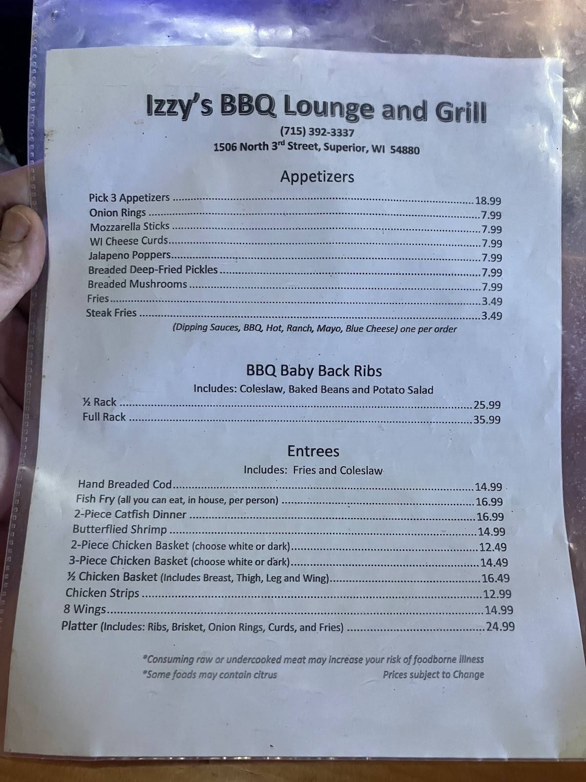 Menu at Izzy's BBQ Lounge & Grill, Superior
