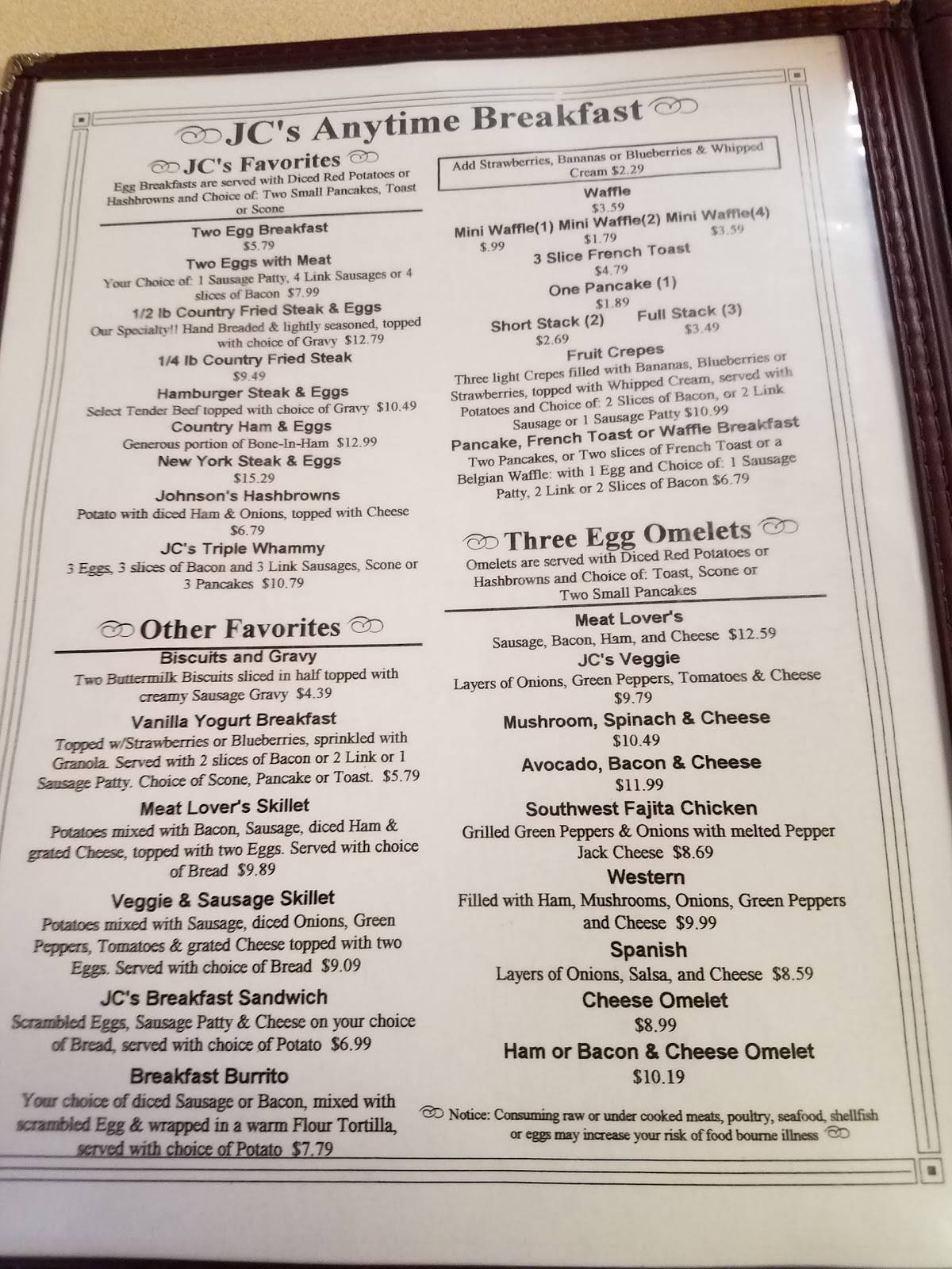 Menu at J C's Country Diner restaurant, Tremonton