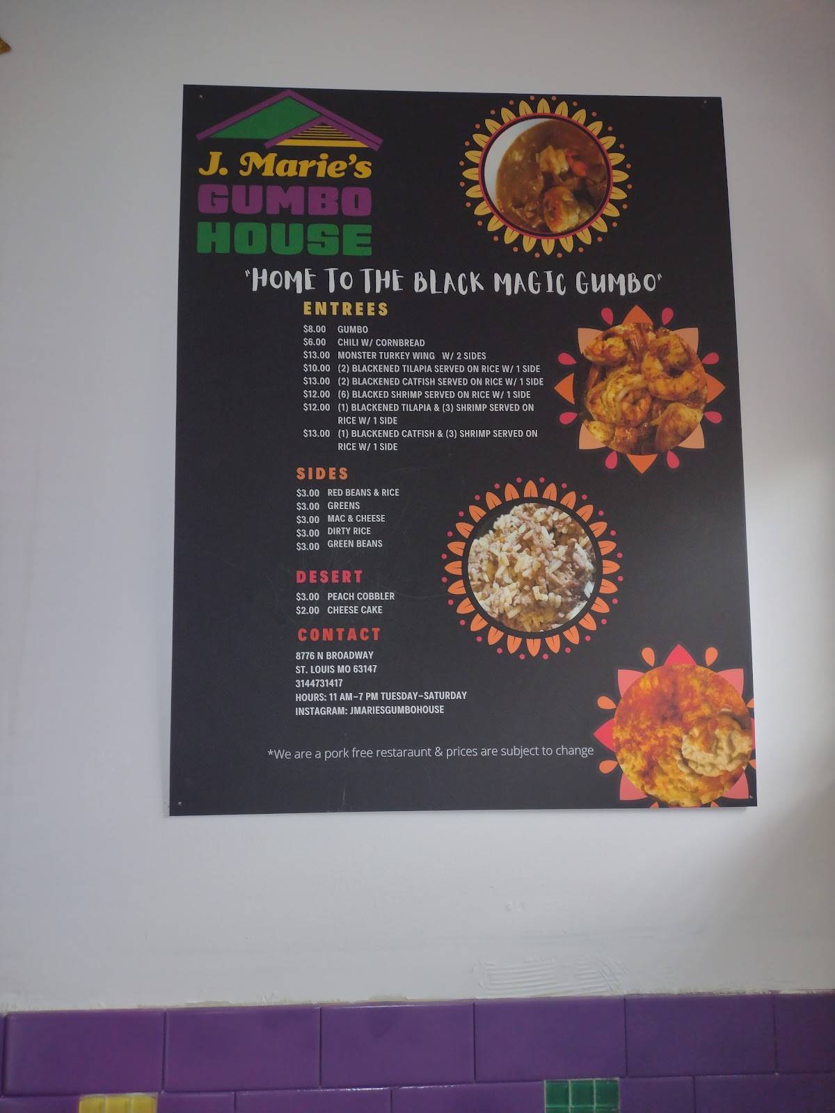 Menu at J Marie’s Gumbo House restaurant, St. Louis
