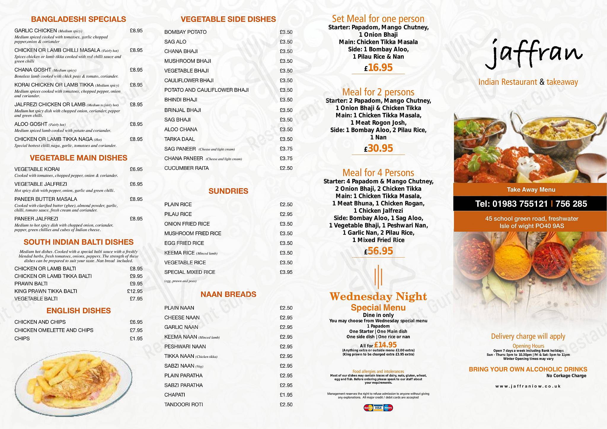 Menu at Jaffran Indian Restaurant and Takeaway, Freshwater
