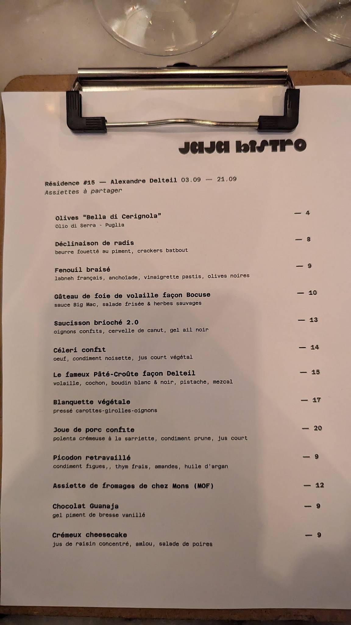 Menu at JAJA bistro restaurant, Lyon