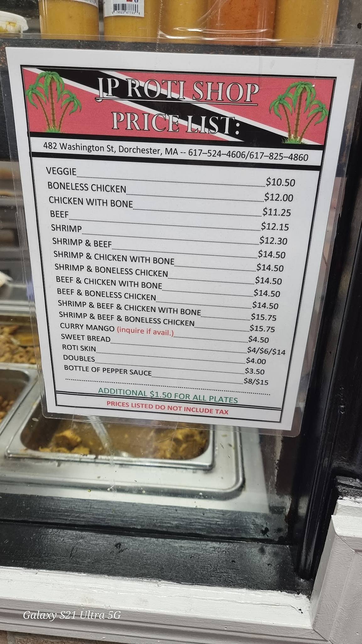 Menu at JP Roti Shop restaurant, Boston