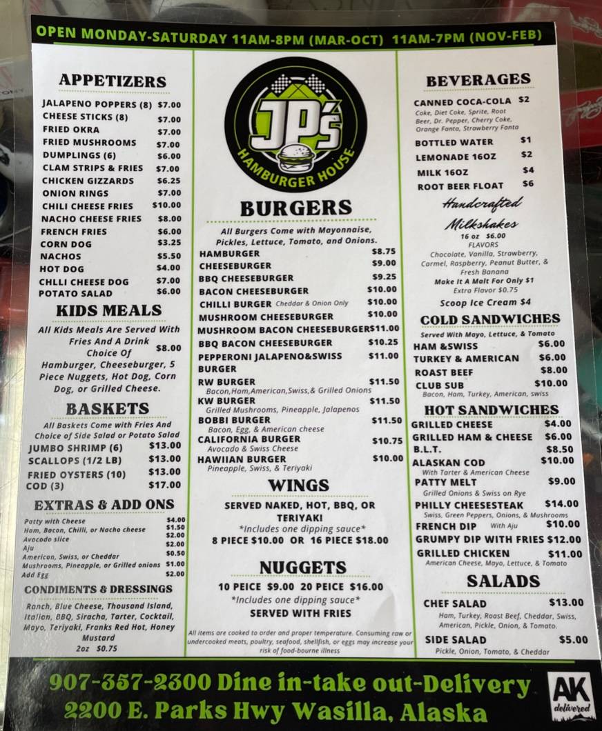Menu at JP's Hamburger House restaurant, Wasilla, E Parks Hwy