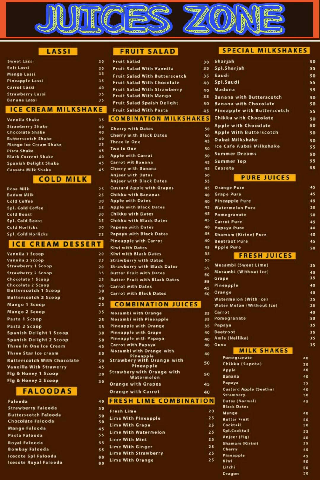 Menu at JUICES ZONE, Bengaluru