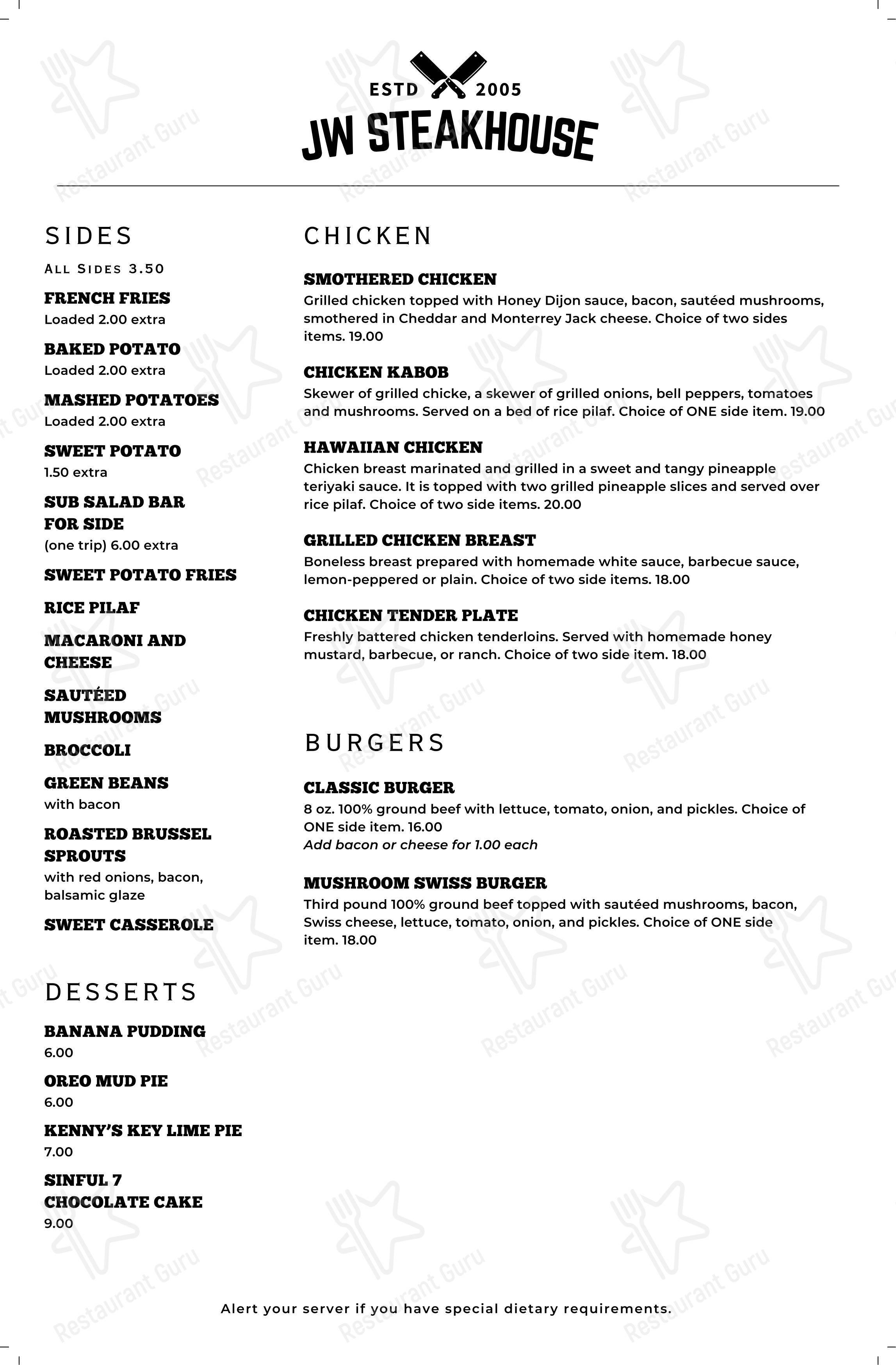 Menu at JW Steakhouse, Decatur