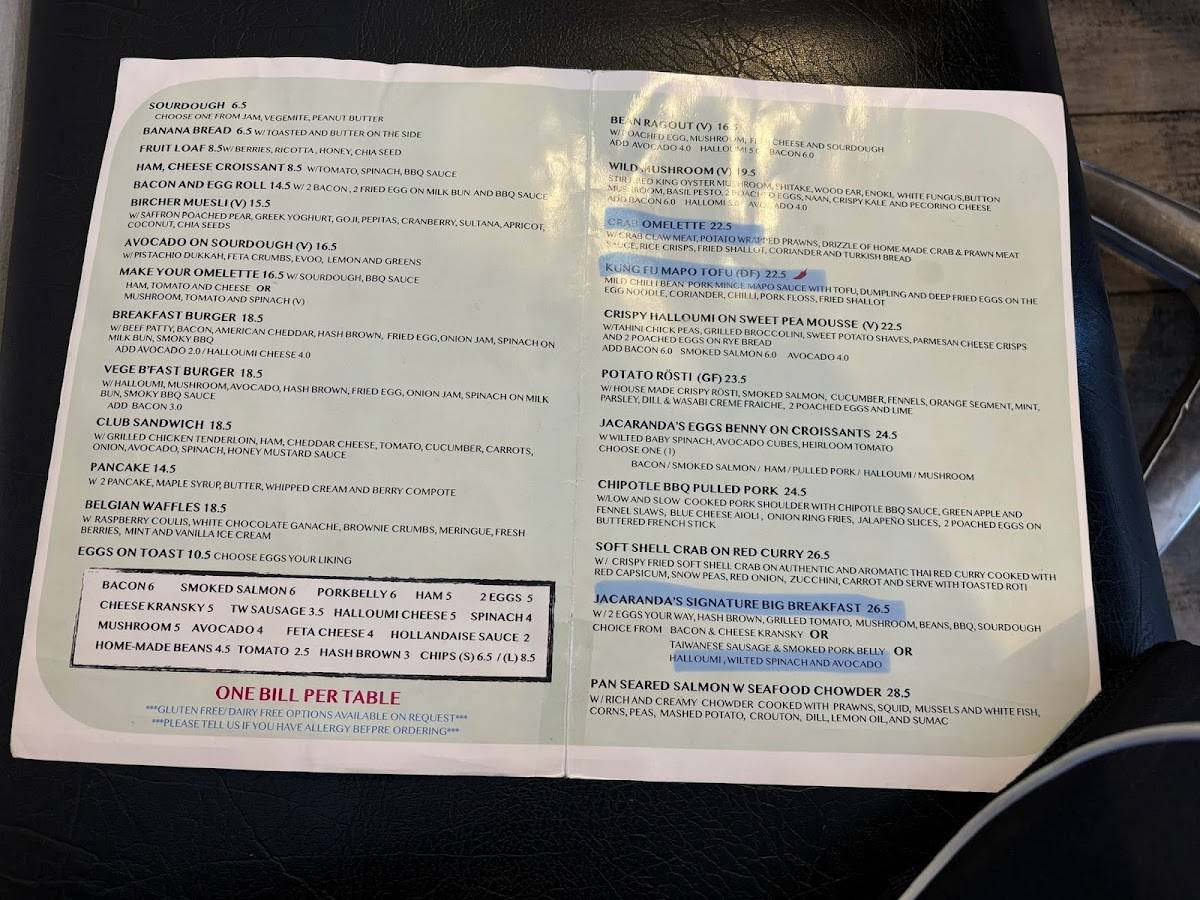 Menu at Jacaranda Coffee Lane restaurant, Brisbane City