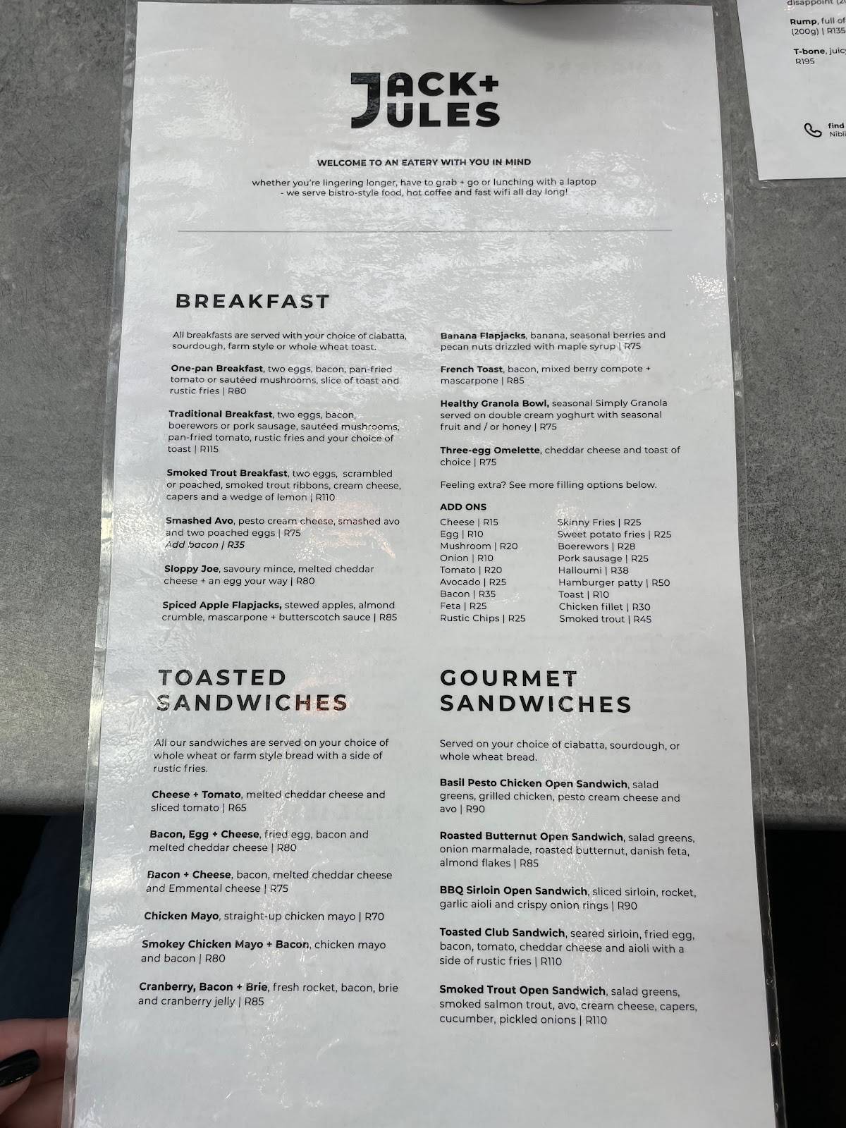 Menu at Jack & Jules restaurant, Cape Town