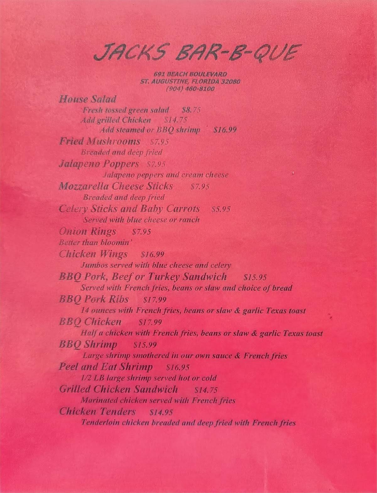 Menu at Jack's BBQ and Brewery, St. Augustine