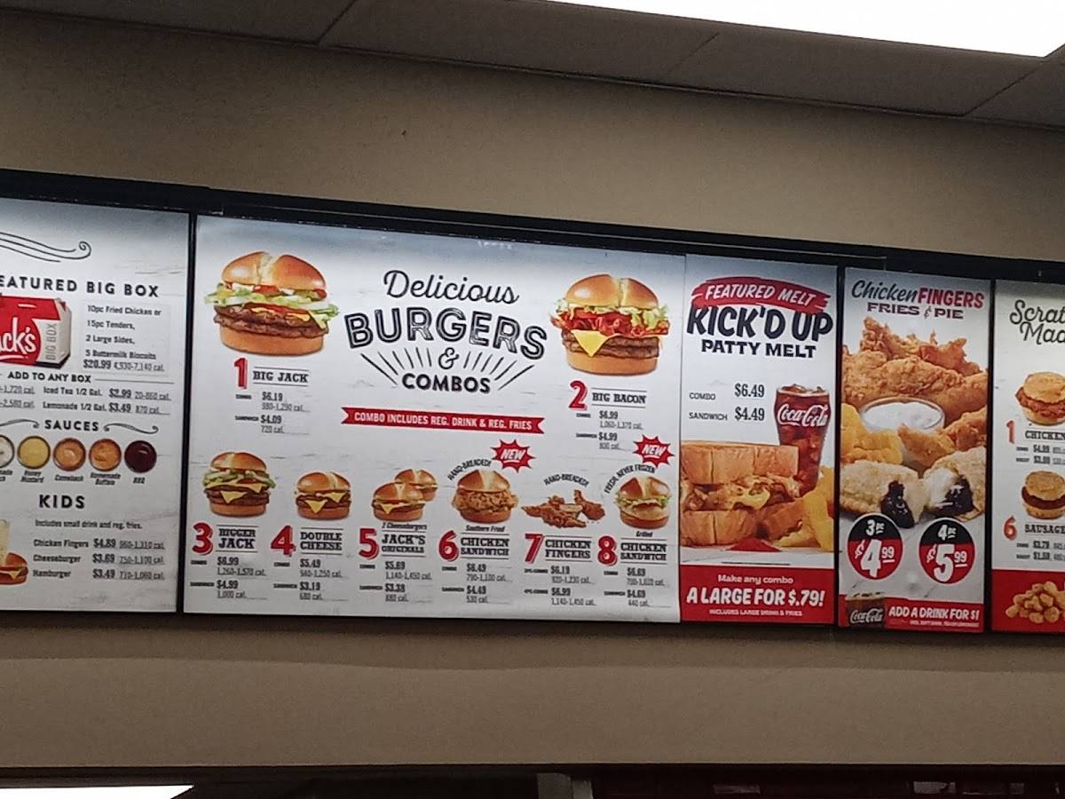 Menu at Jack's fast food, Phenix City, US-80