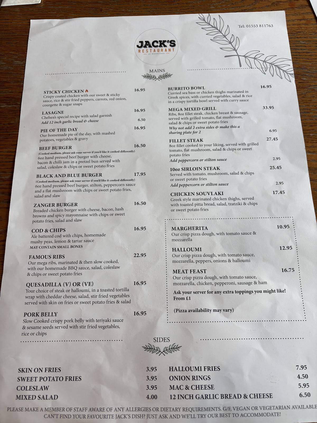 Menu at Jacks at Woodlakes restaurant, Stow Bardolph