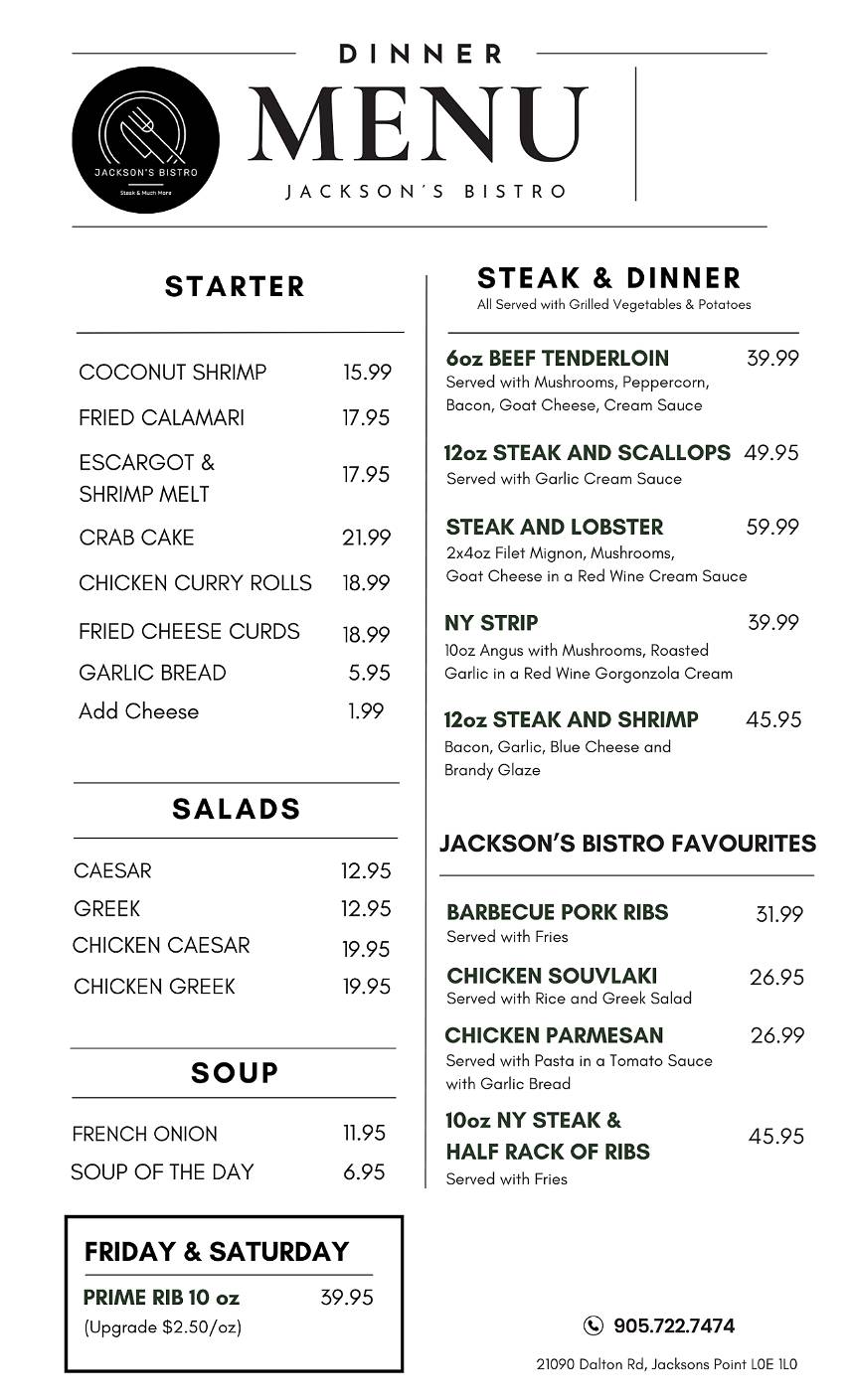 Menu at Jackson’s Bistro steakhouse, Georgina