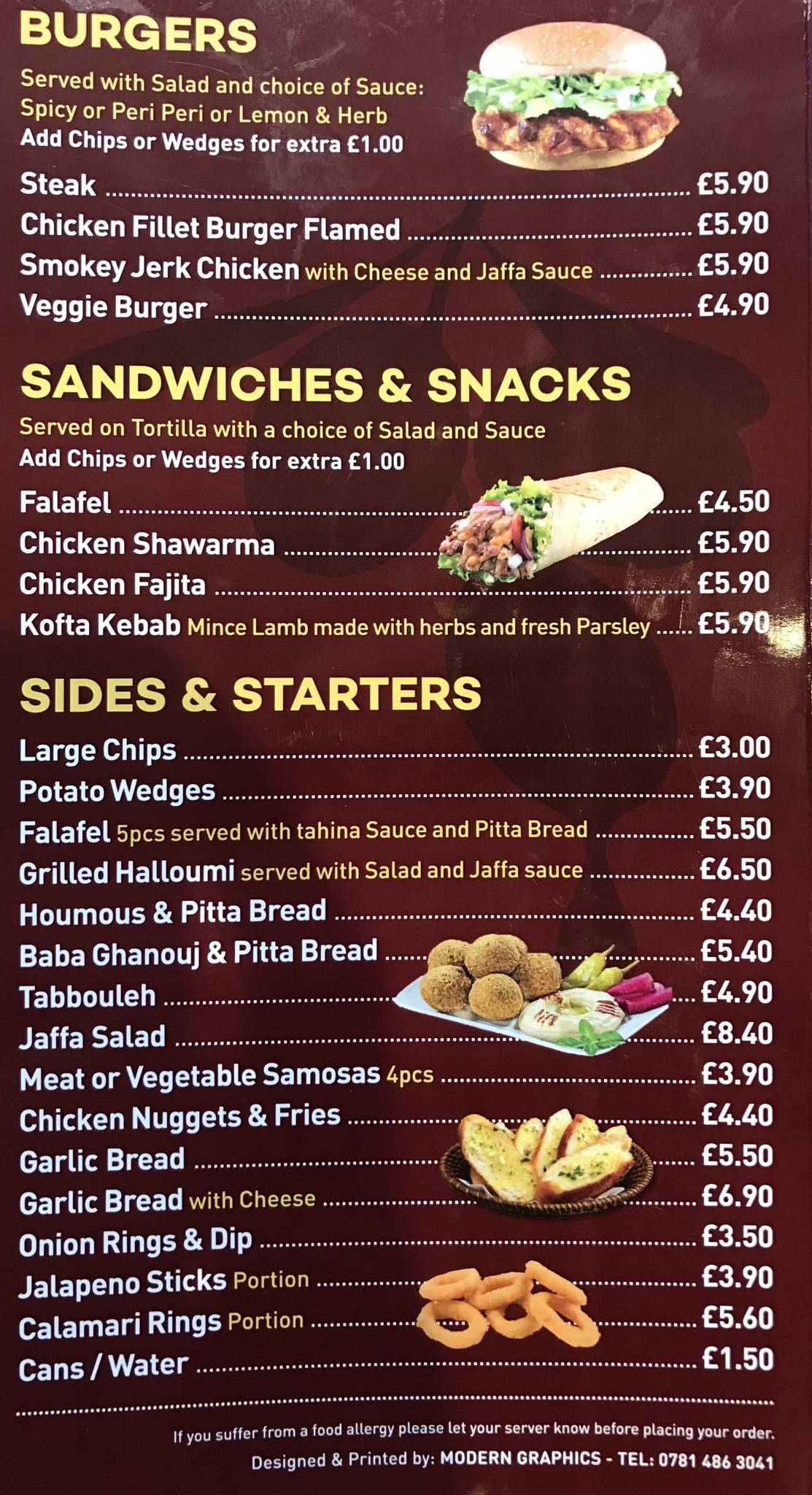 Menu at Jaffa Restaurant, Preston