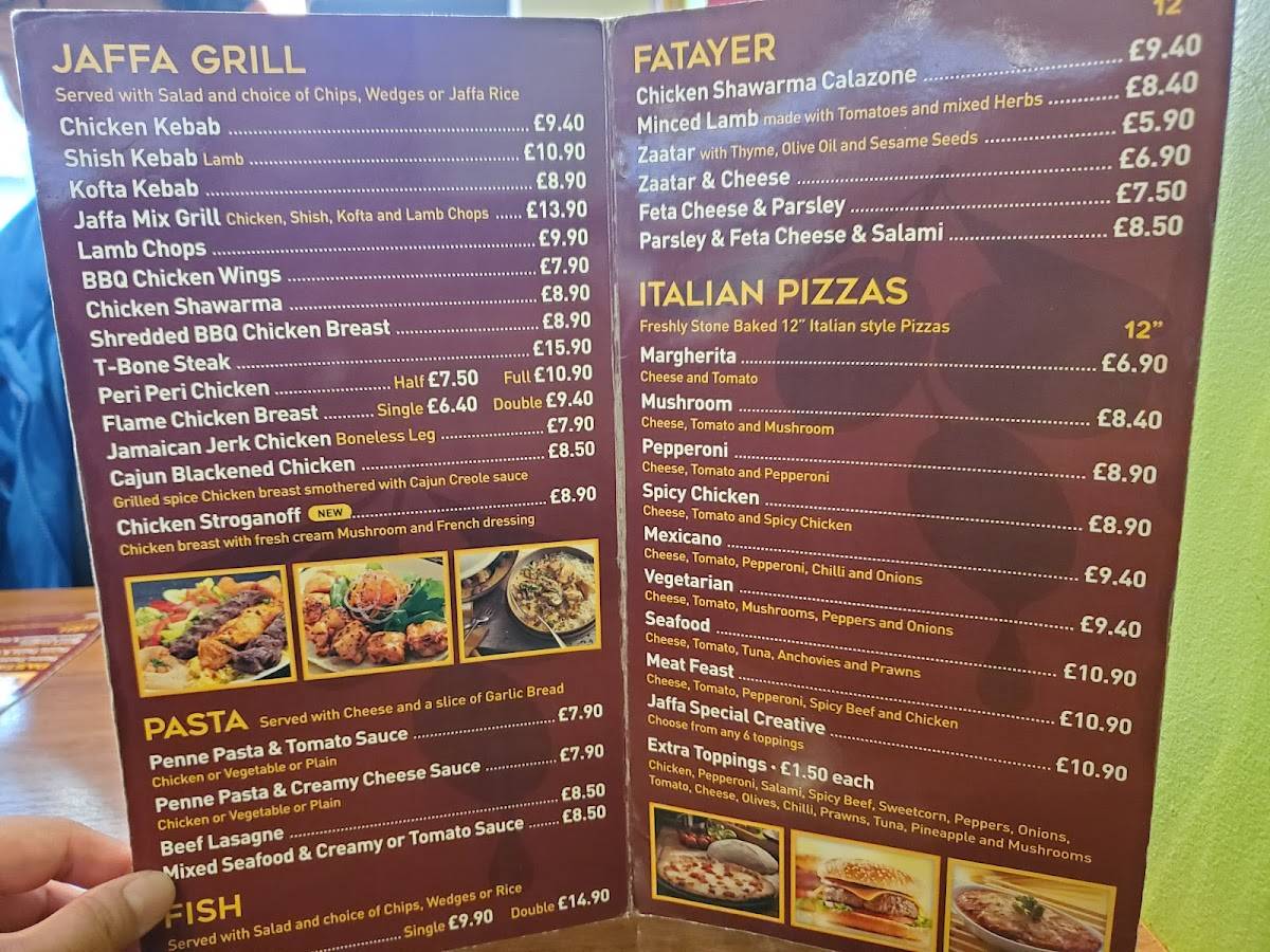 Menu at Jaffa Restaurant, Preston