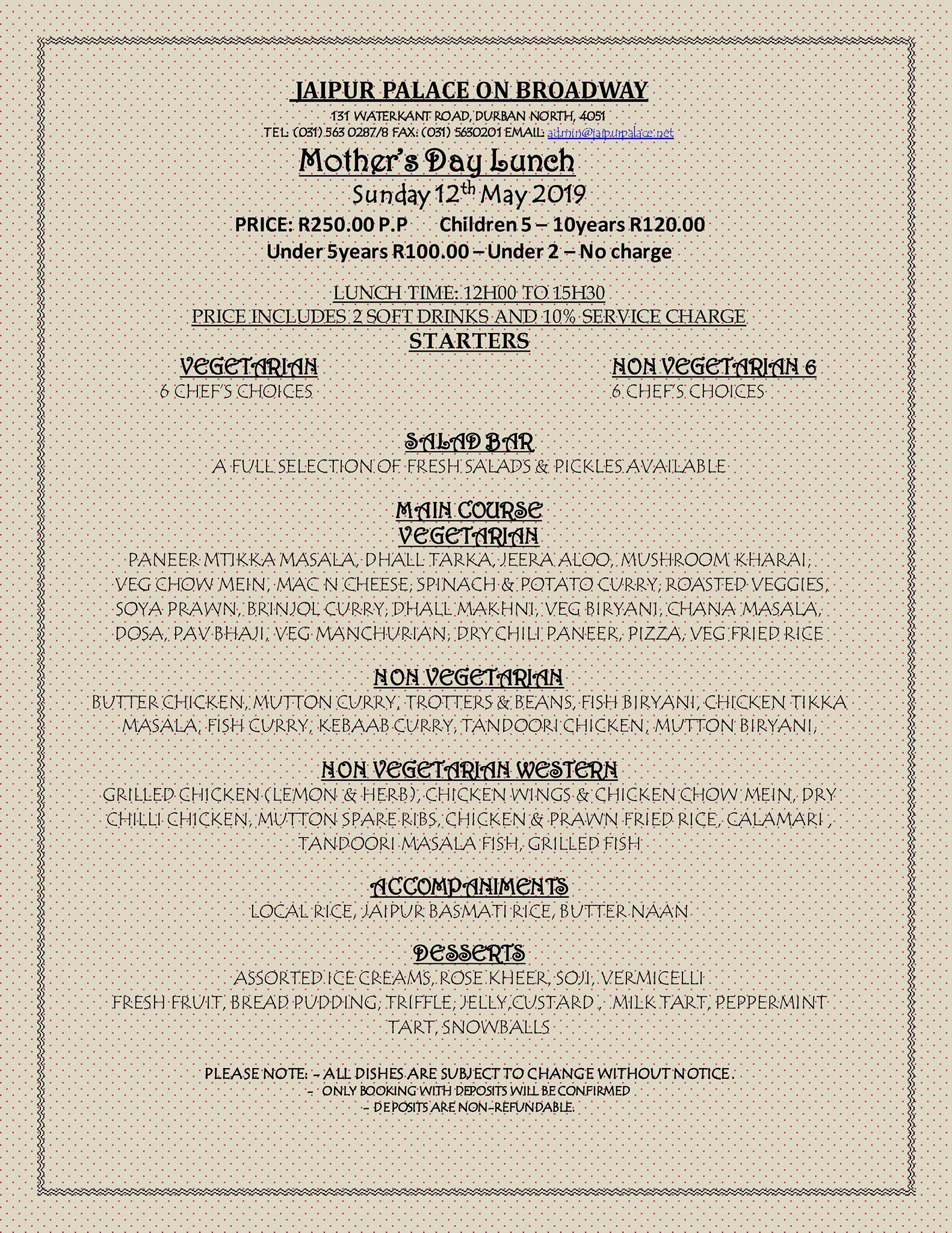 Menu at Jaipur Palace Restaurant, Durban
