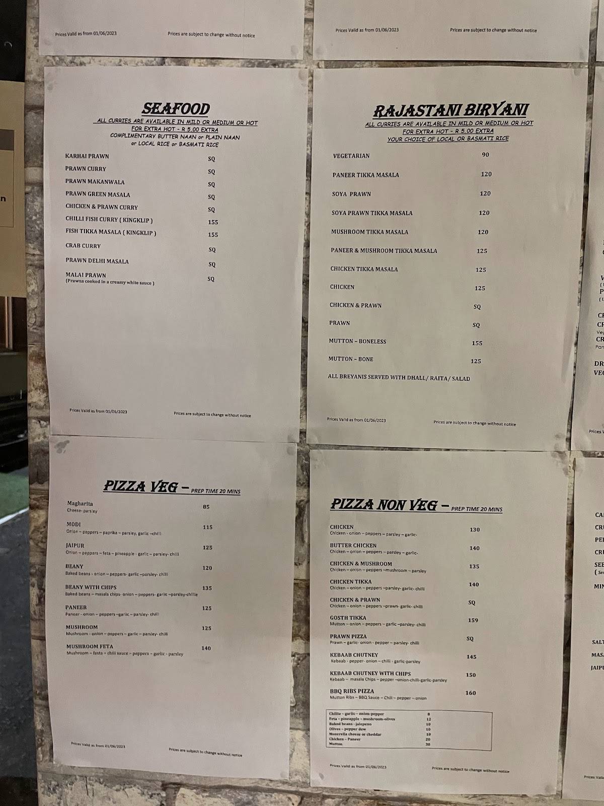 Menu at Jaipur Palace Restaurant, Durban