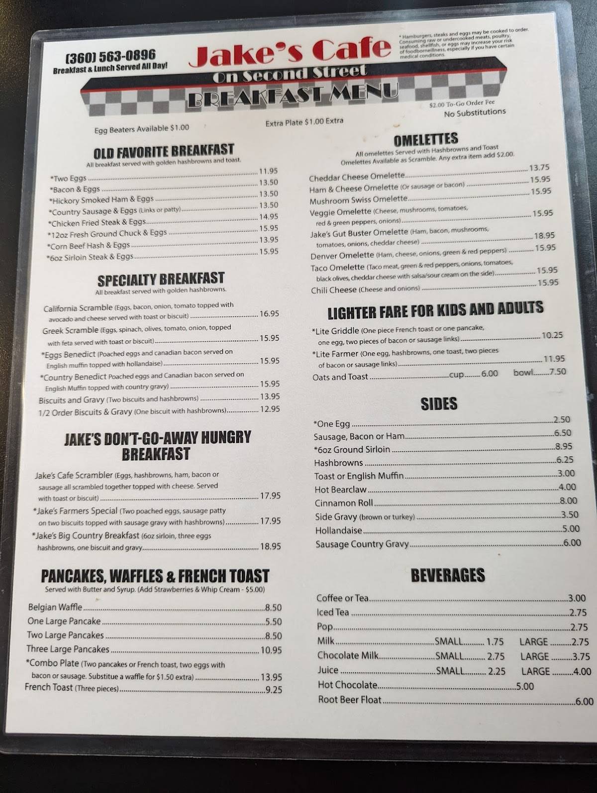 Menu at Jake's Cafe on 2nd Street, Snohomish