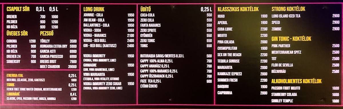 Menu at Jam Stage Bar, Budapest
