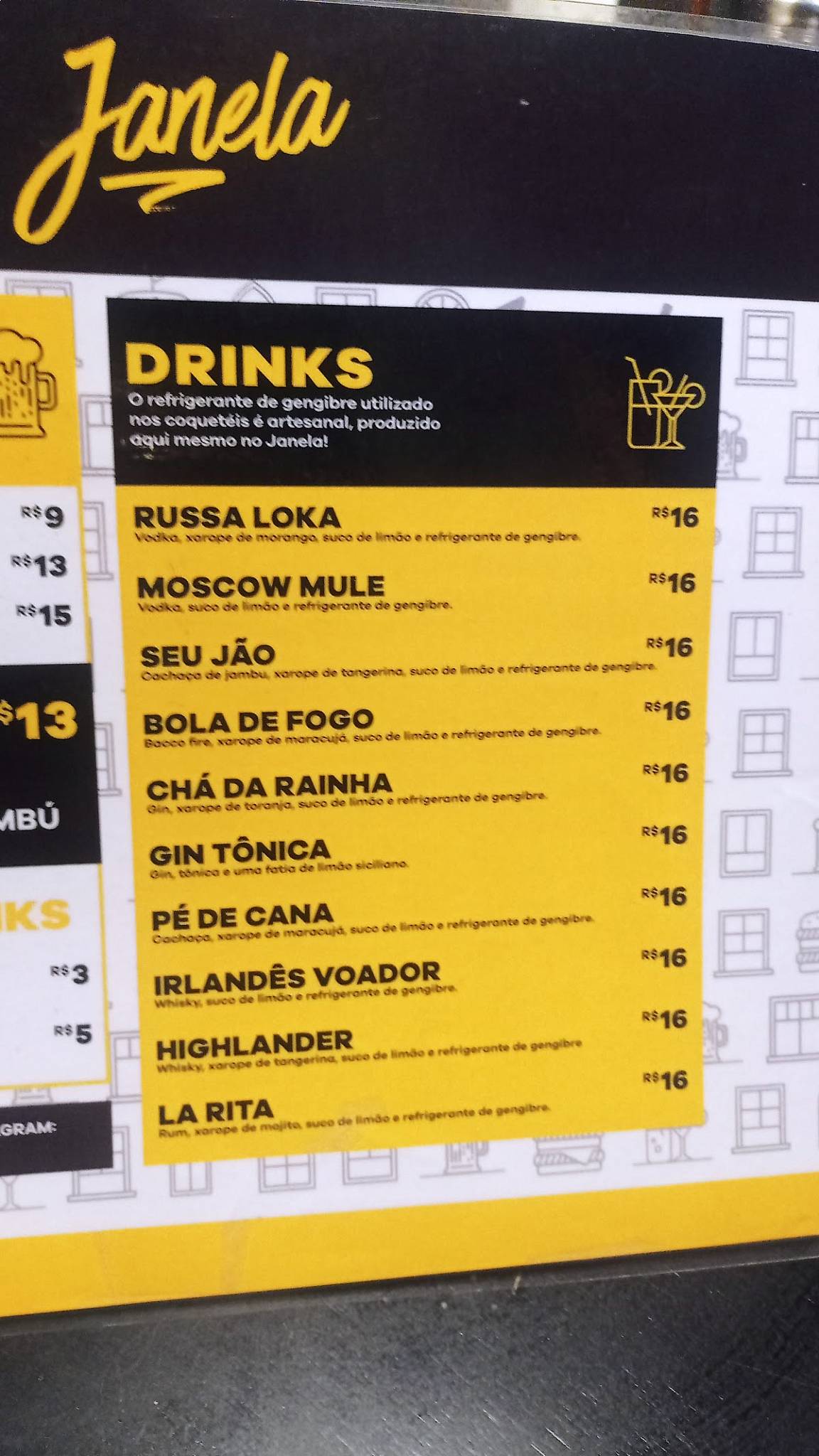 Menu at Janela Bar, Curitiba