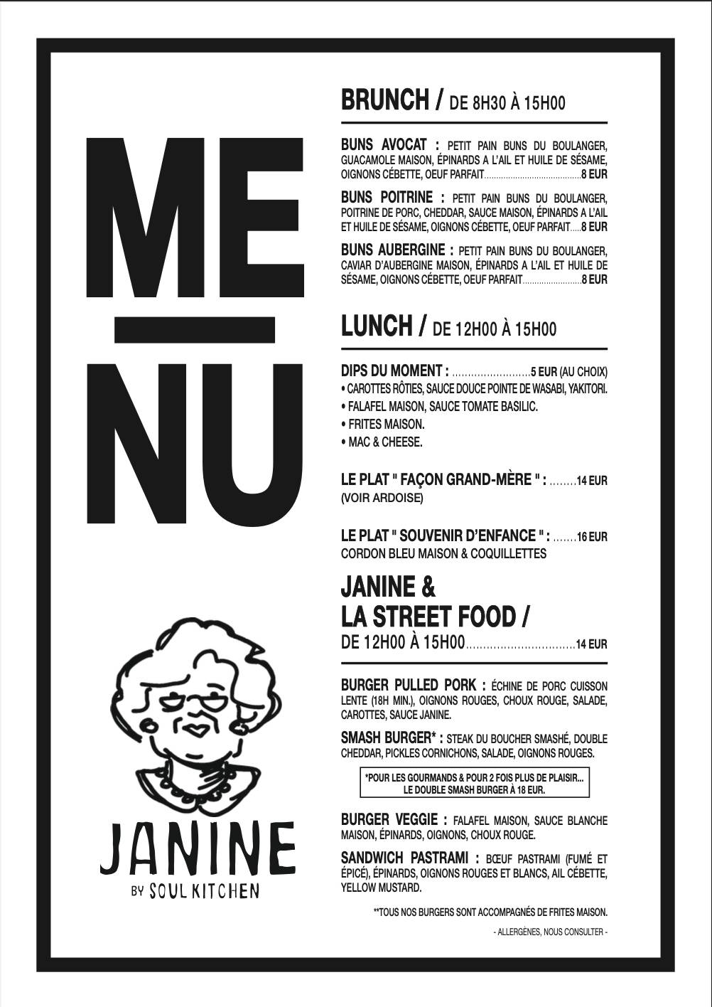 Menu au Janine by Soul Kitchen restaurant, Soorts-Hossegor