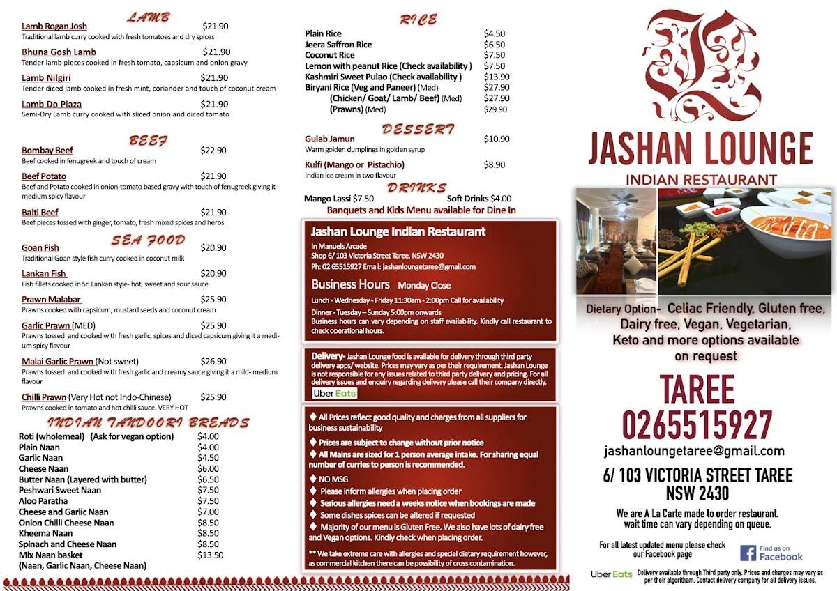 Menu at Jashan Lounge Indian Restaurant, Taree