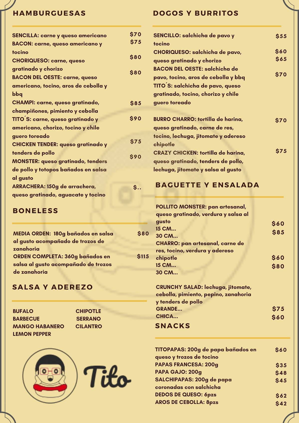 Carta del restaurante Javi's Burger, Jalostotitlán