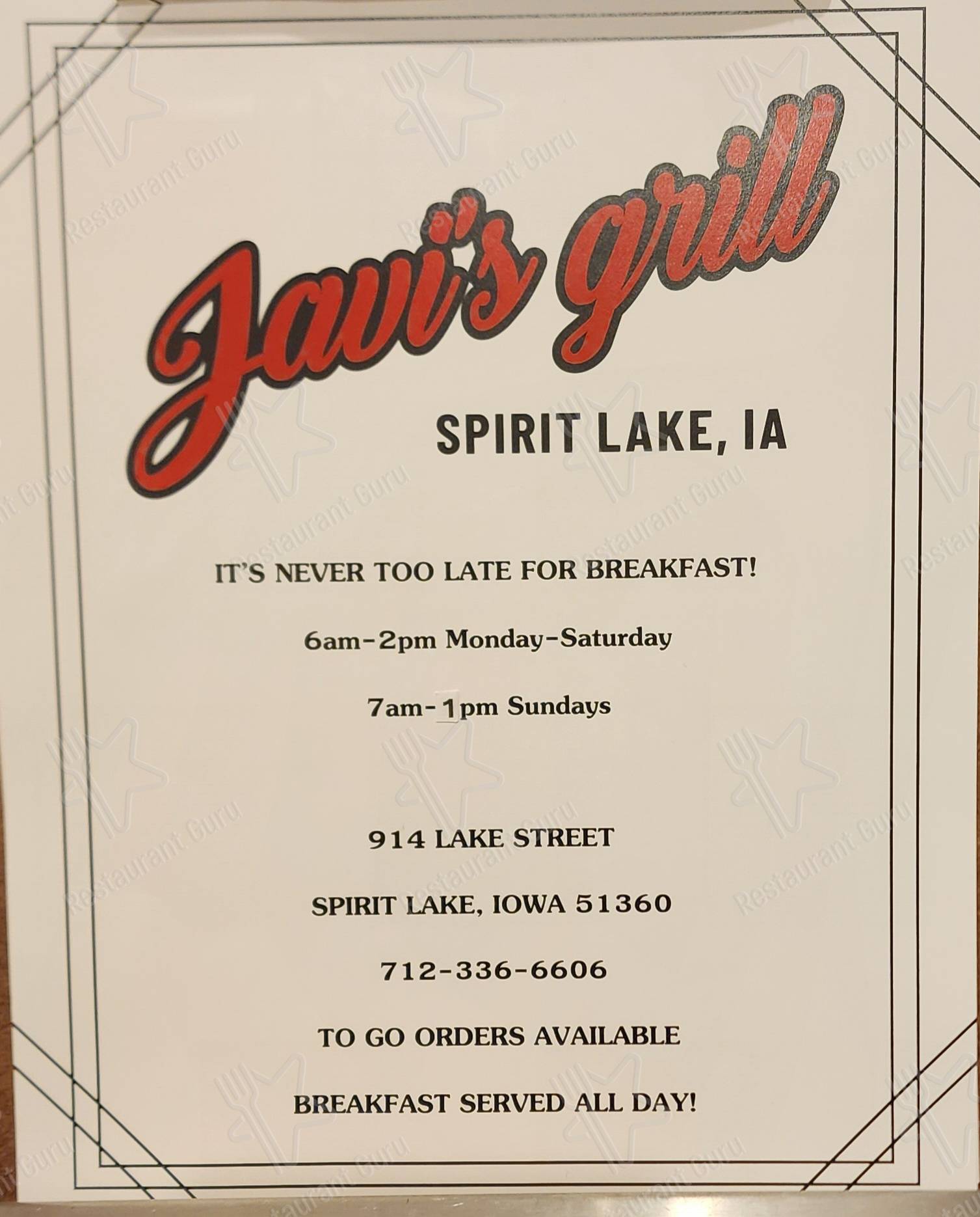 Menu at Javi's Grill restaurant, Spirit Lake