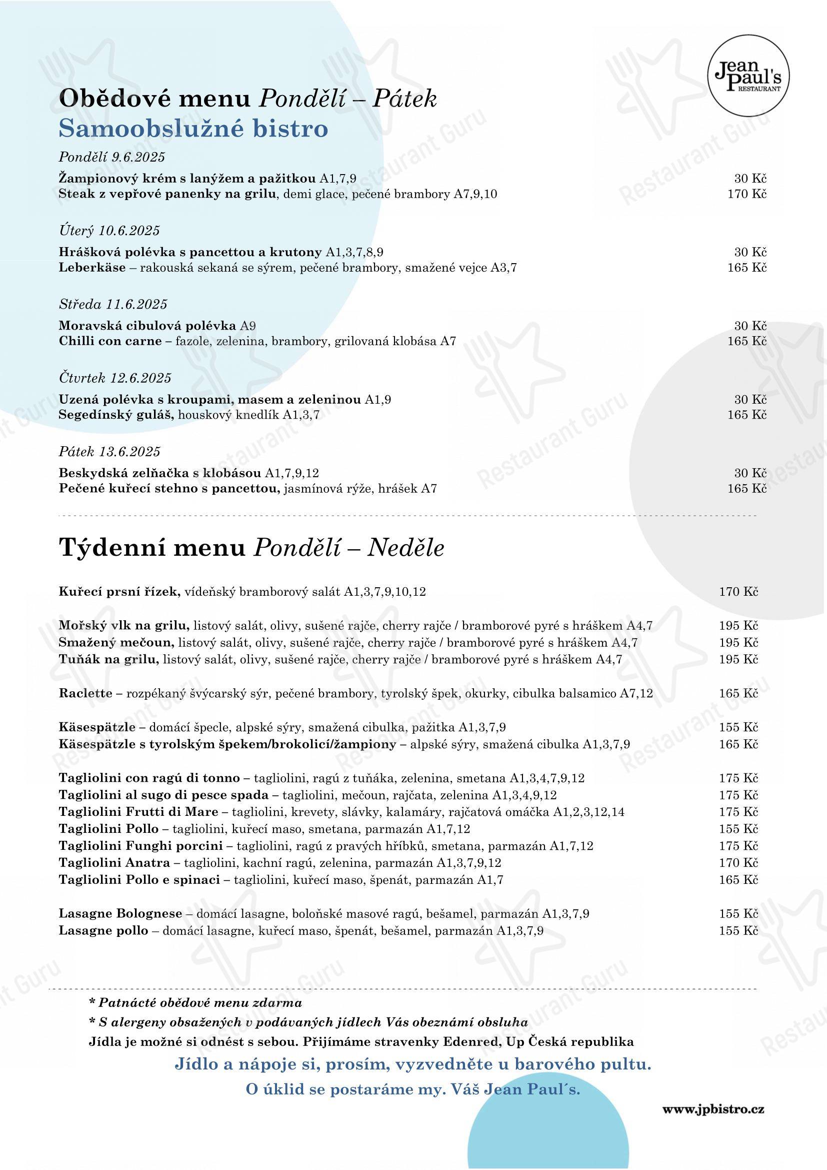 Menu at Jean Paul's Restaurant Zelný trh, Brno, Zelný trh 20