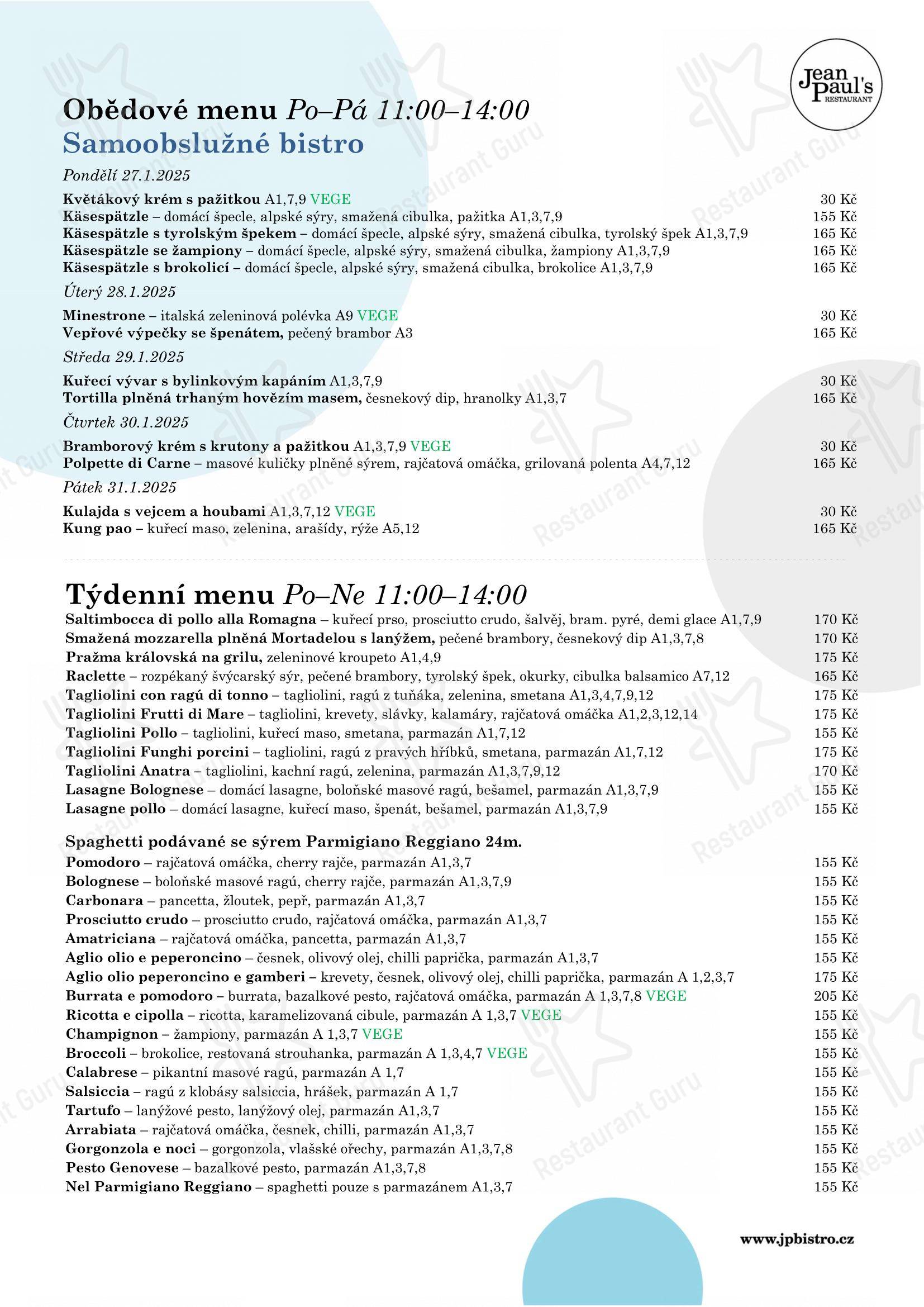 Menu at Jean Paul's Restaurant Zelný trh, Brno, Zelný trh 20