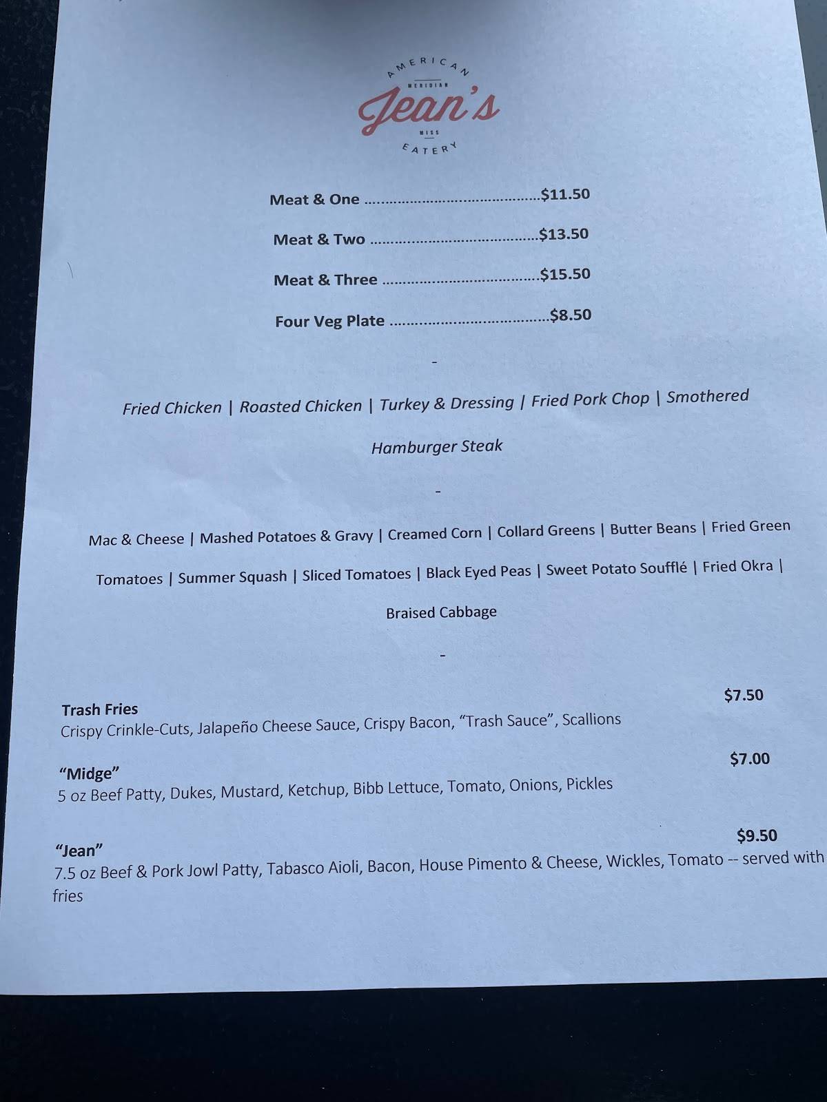 Menu at Jean's restaurant, Meridian