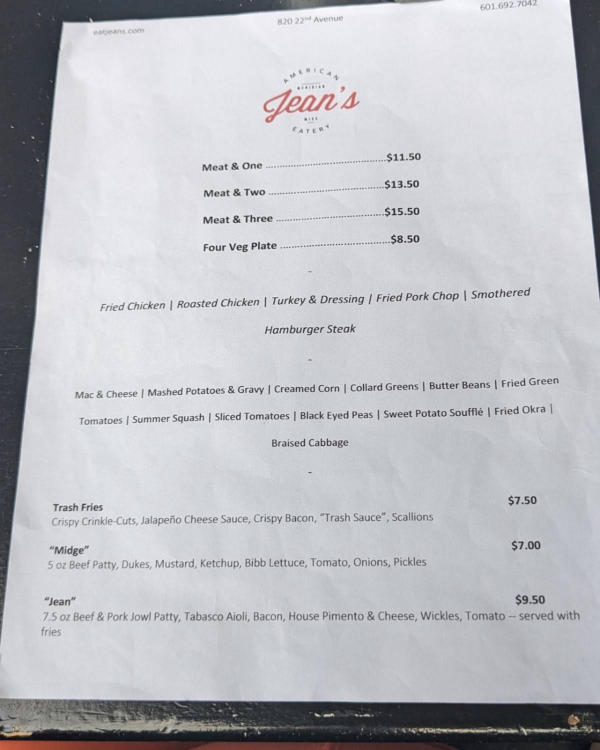 Menu at Jean's restaurant, Meridian