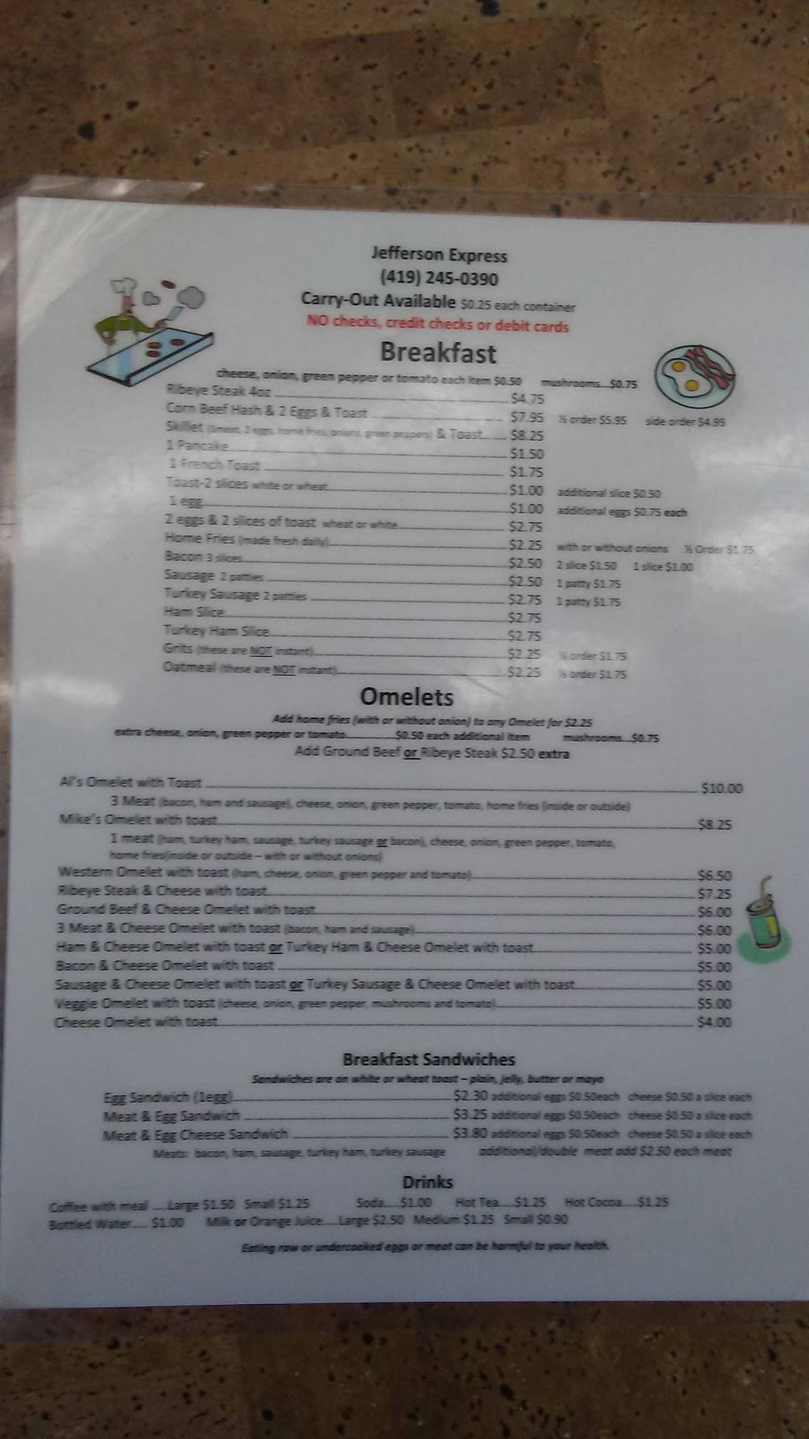 Menu at Jefferson Express restaurant, Toledo