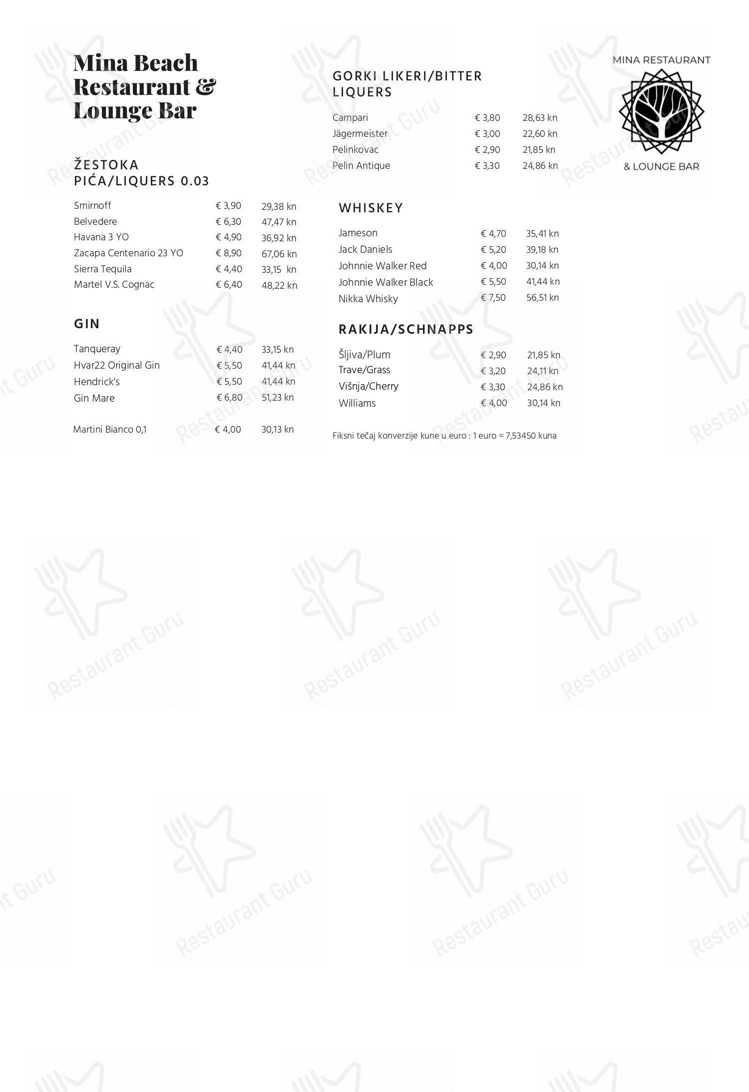 Menu da MINA BEACH RESTAURANT & LOUNGE BAR, Jelsa
