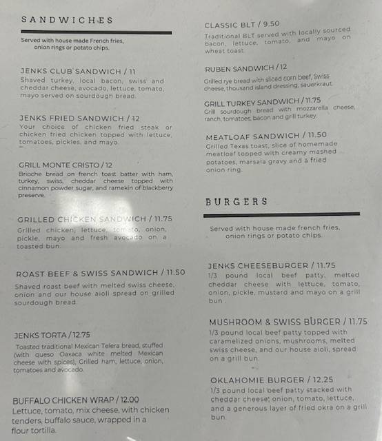 Menu at Jenks Restaurant, Jenks, 215 E Main St