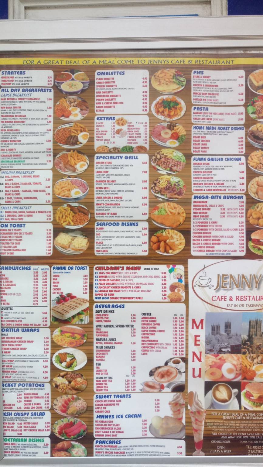 Menu at Jenny's Cafe, Lincoln