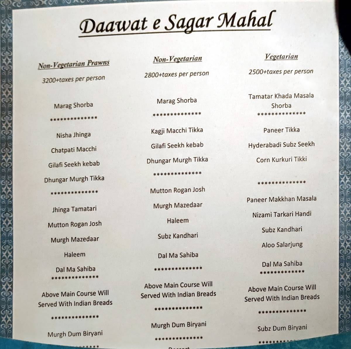 Menu at Jewel of Nizam - The Minar, Hyderabad, The Golkonda Resort