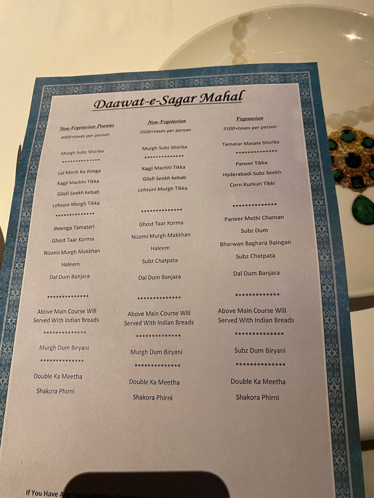 Menu at Jewel of Nizam - The Minar, Hyderabad, The Golkonda Resort