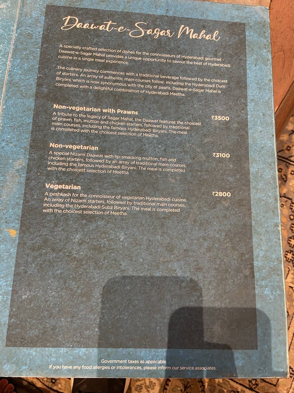 Menu at Jewel of Nizam - The Minar, Hyderabad, The Golkonda Resort