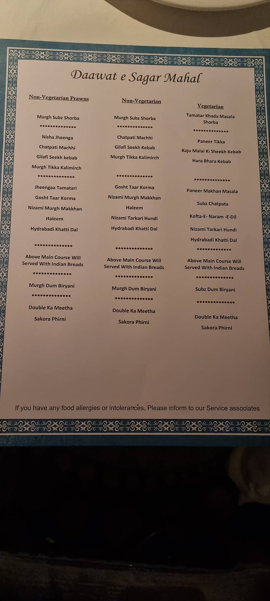 Menu at Jewel of Nizam - The Minar, Hyderabad, The Golkonda Resort