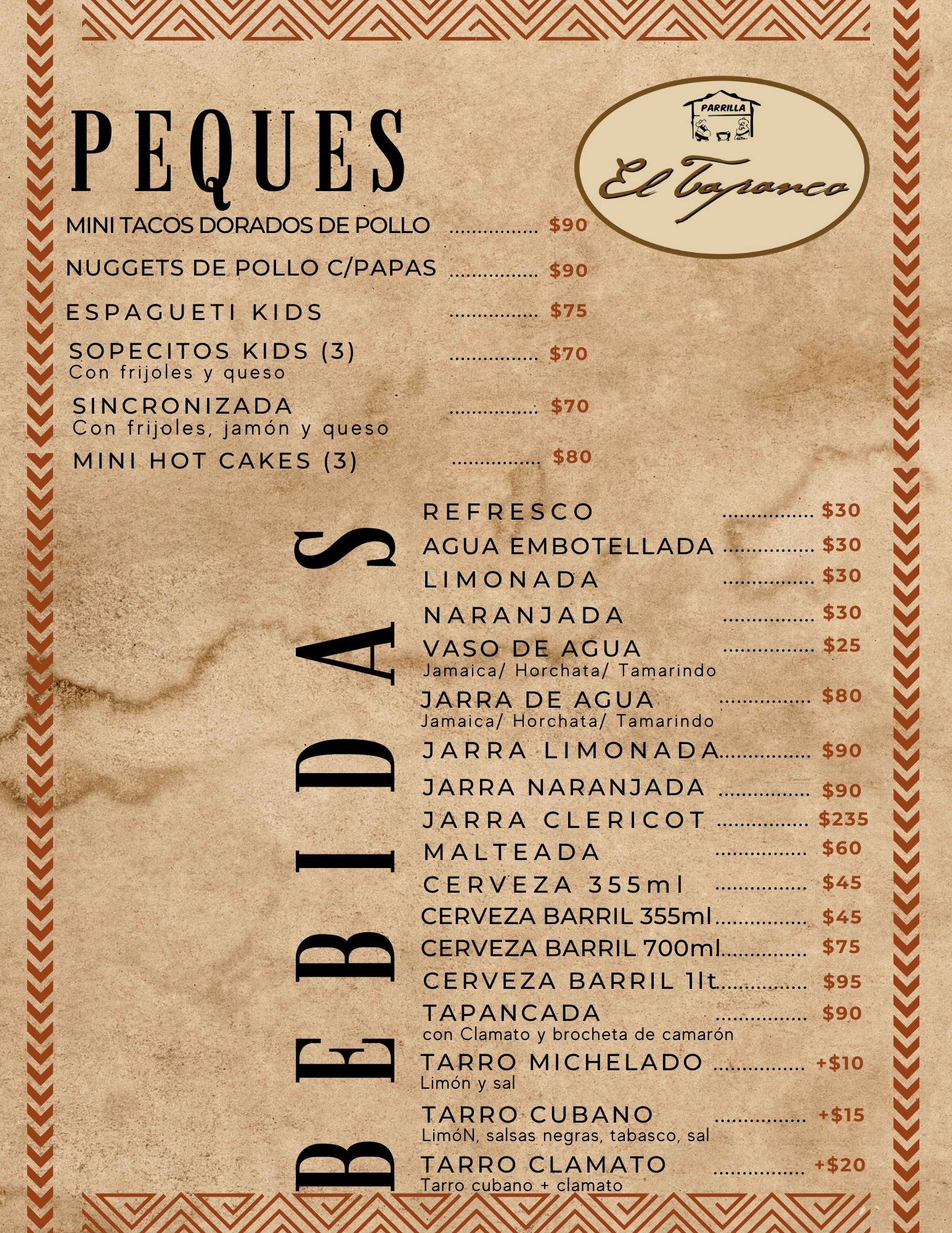 Carta de Restaurante Bar "El Tapanco", Jilotepec de Molina Enríquez