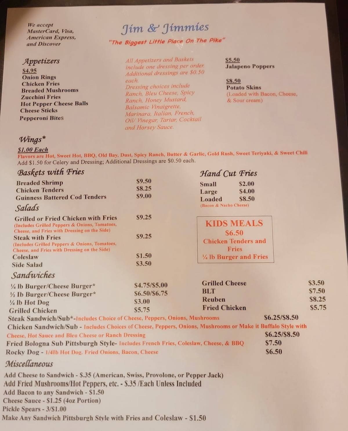 Menu at Jim & Jimmie's pub & bar, Johnstown