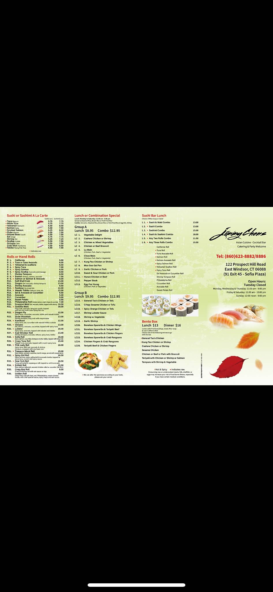 Menu at Jimmy Chen's Asian Cuisine & Cocktail Bar, East Windsor