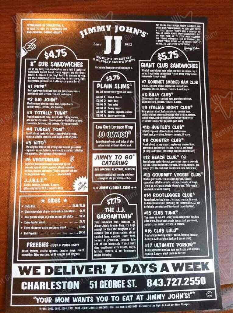 Menu at Jimmy John's fast food, Mount Pleasant, N Hwy 17 # C