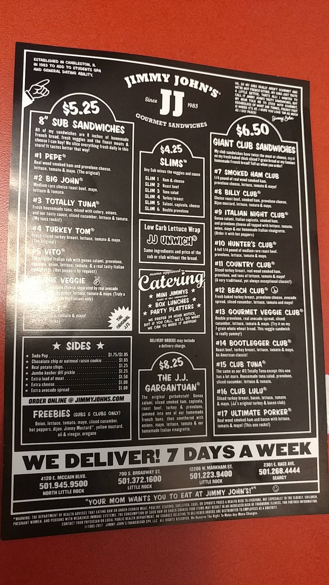 Menu at Jimmy John's fast food, Searcy