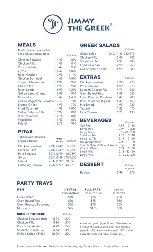 Menu at Jimmy The Greek restaurant, Niagara-on-the-Lake