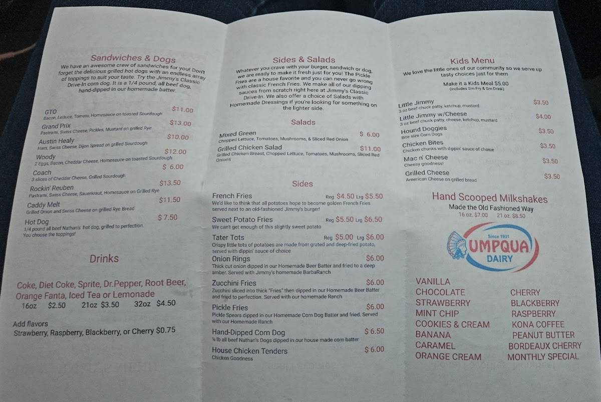 Menu at Jimmy's Classic Drive-In restaurant, Grants Pass
