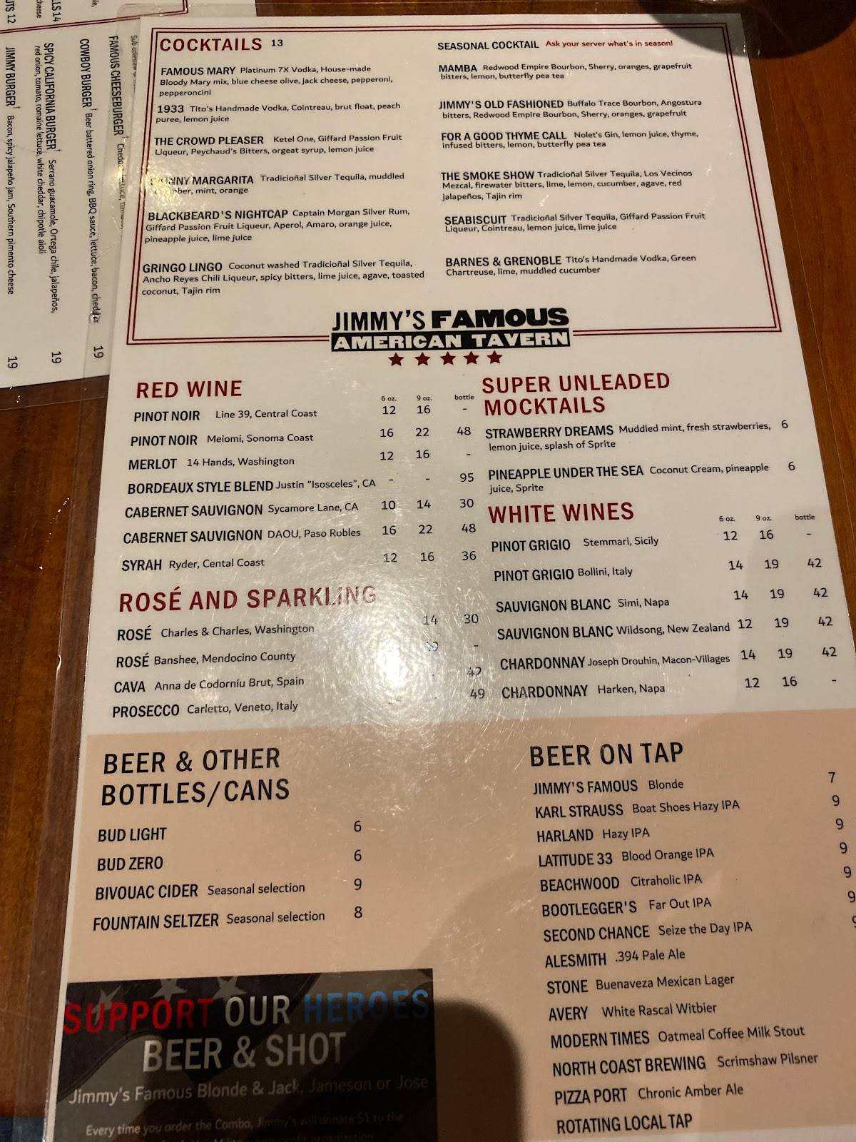 Menu at Jimmy's Famous American Tavern restaurant, Dana Point